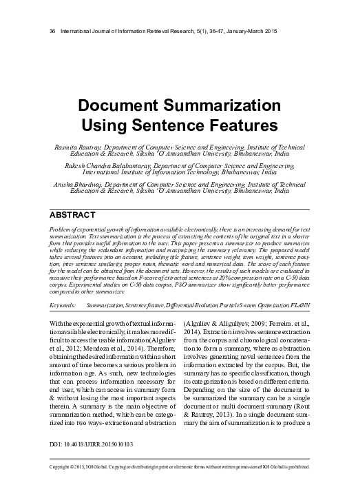 (PDF) Document Summarization Using Sentence Features