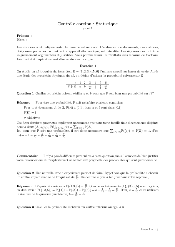(PDF) Contrôle continu : Statistique