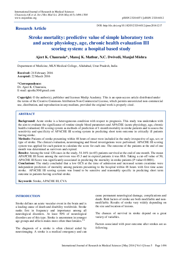(PDF) Stroke mortality: predictive value of simple laboratory tests and ...