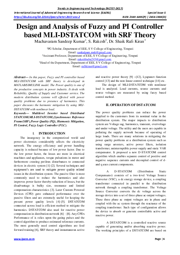Pdf Design And Analysis Of Fuzzy And Pi Controller Based Mli Dstatcom