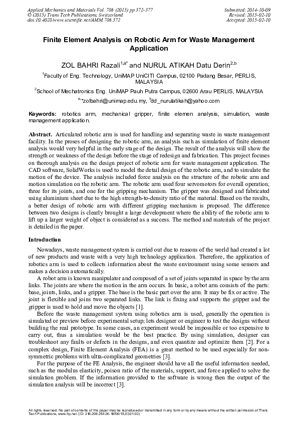 (PDF) Finite Element Analysis on Robotic Arm for Waste Management ...