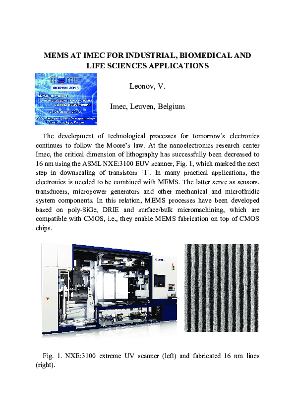 (PDF) Mems at Imec for Industrial, Biomedical and Life Sciences ...