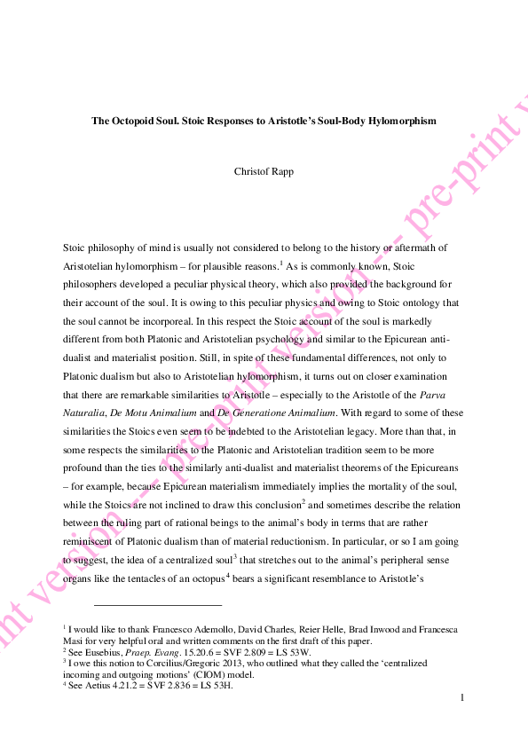 (PDF) The Octopoid Soul. Stoic Responses to Aristotle’s Soul-Body ...