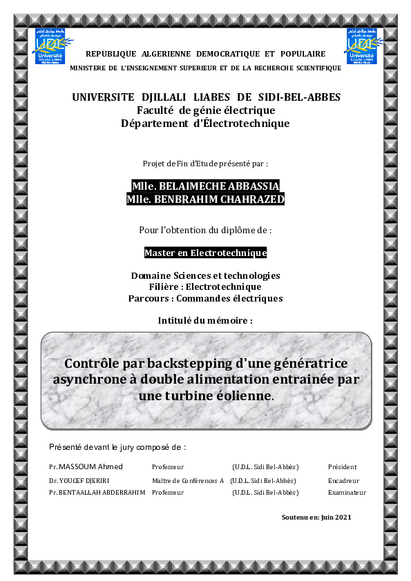 (PDF) Contrôle par backstepping d'une génératrice asynchrone à double alimentation entrainée par ...