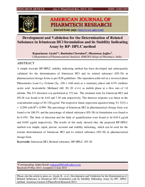 (PDF) Development and Validation for the Determination of Related Substance in Irinotecan HCl ...
