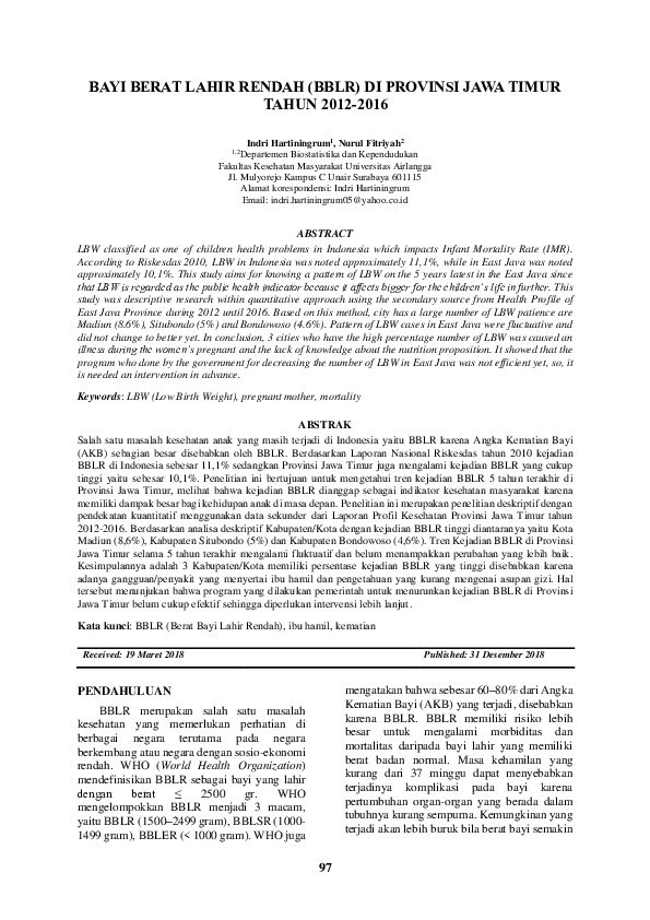 (PDF) Bayi Berat Lahir Rendah (BBLR) di Provinsi Jawa Timur Tahun 2012-2016