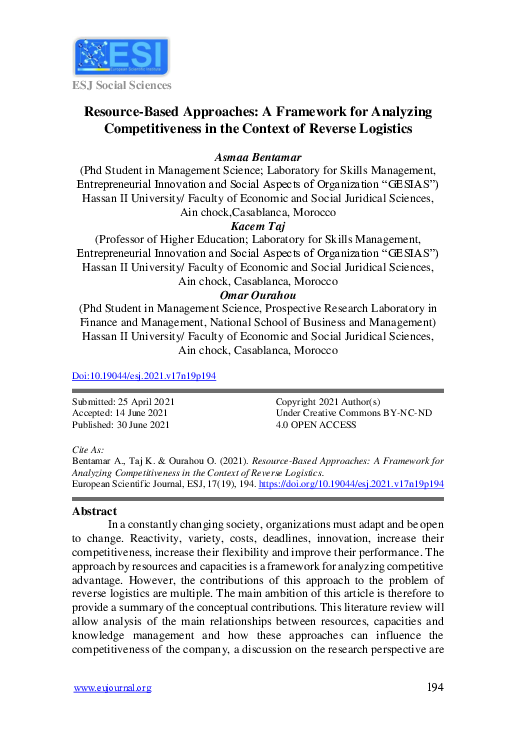 (PDF) Resource-Based Approaches: A Framework for Analyzing ...