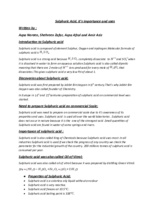 (DOC) Sulphuric Acid, it's importance and uses Written by