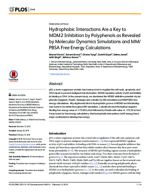 (PDF) Hydrophobic Interactions Are a Key to MDM2 Inhibition by ...