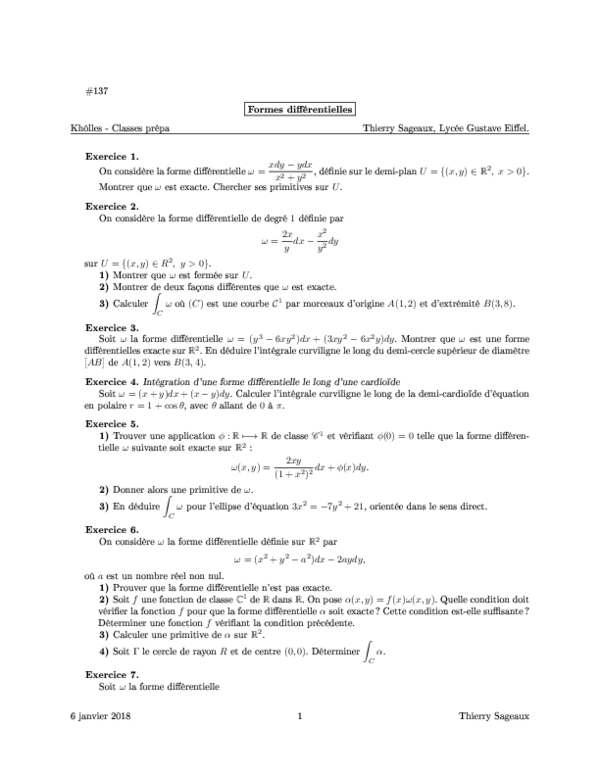 (PDF) Ex crgF Calcul Intégral et Formes Différentielles (1)