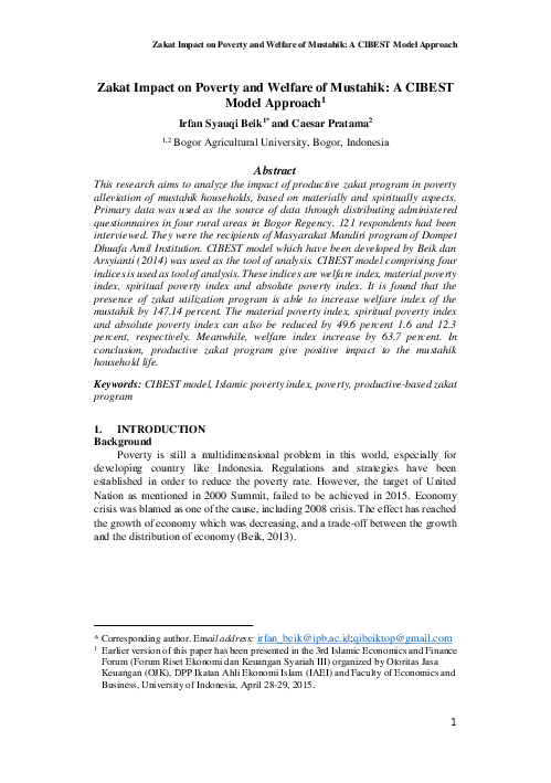 (PDF) Zakat Impact on Poverty and Welfare of Mustahik: A CIBEST Model Approach