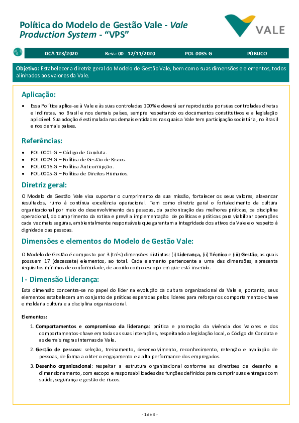 (PDF) Política do Modelo de Gestão Vale -Vale Production System -"VPS"