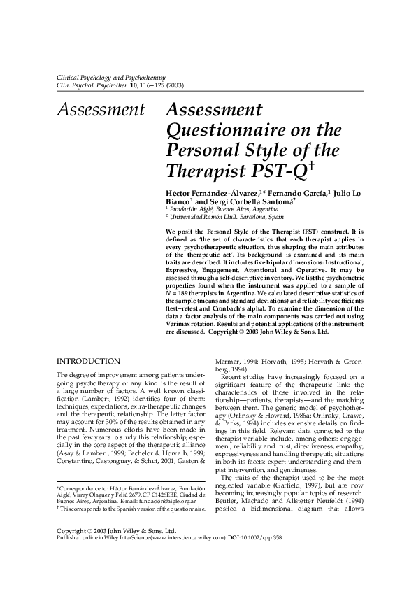 (PDF) Assessment Questionnaire on the Personal Style of the Therapist PST-Q