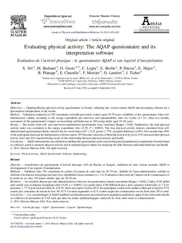 (PDF) Evaluating physical activity: The AQAP questionnaire and its ...
