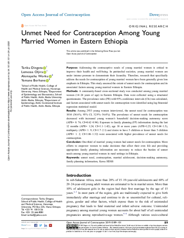 (PDF) Unmet Need for Contraception Among Young Married Women in Eastern Ethiopia