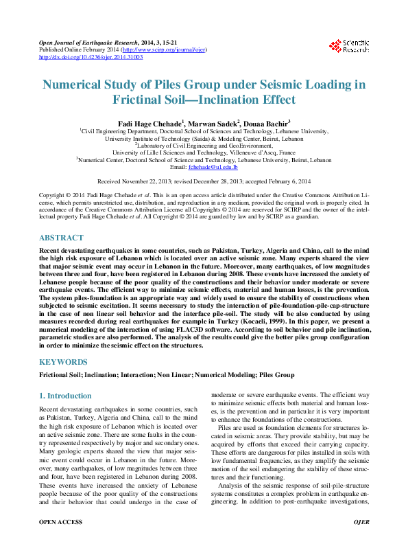 (PDF) Numerical Study of Piles Group under Seismic Loading in Frictinal Soil—Inclination Effect