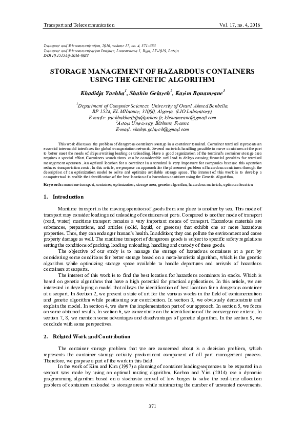 (PDF) Storage Management of Hazardous Containers Using the Genetic Algorithm