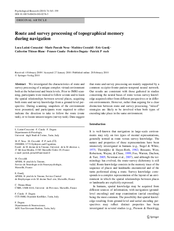 (PDF) Route and survey processing of topographical memory during navigation