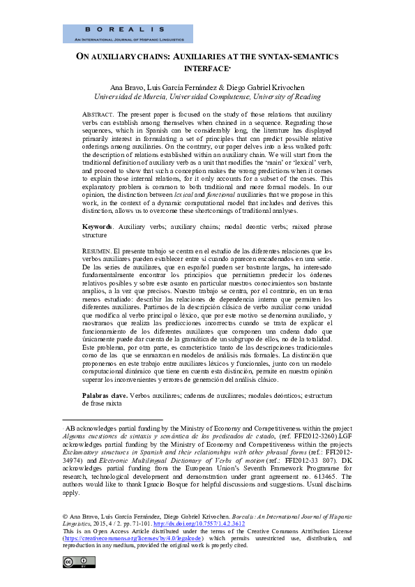 Pdf On Auxiliary Chains Lexical And Functional Auxiliaries At The Syntax Semantics Interface