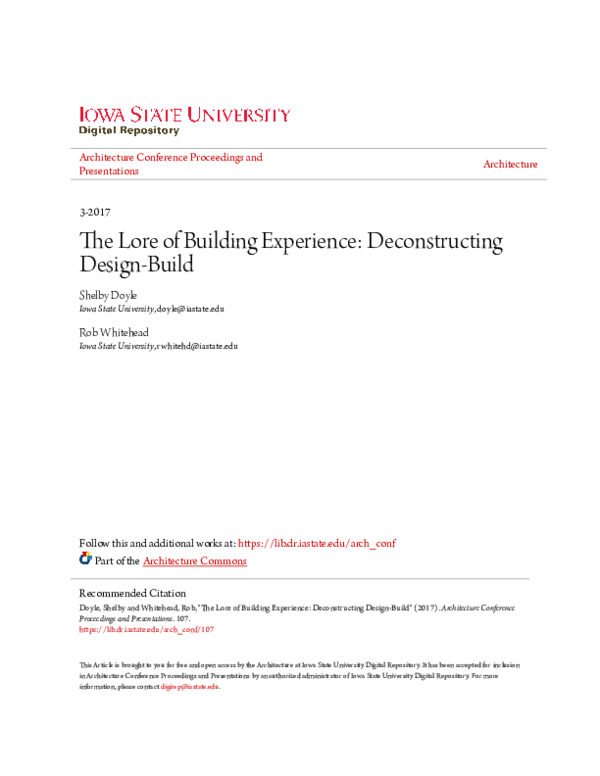 (PDF) The Lore of Building Experience: Deconstructing Design-Build