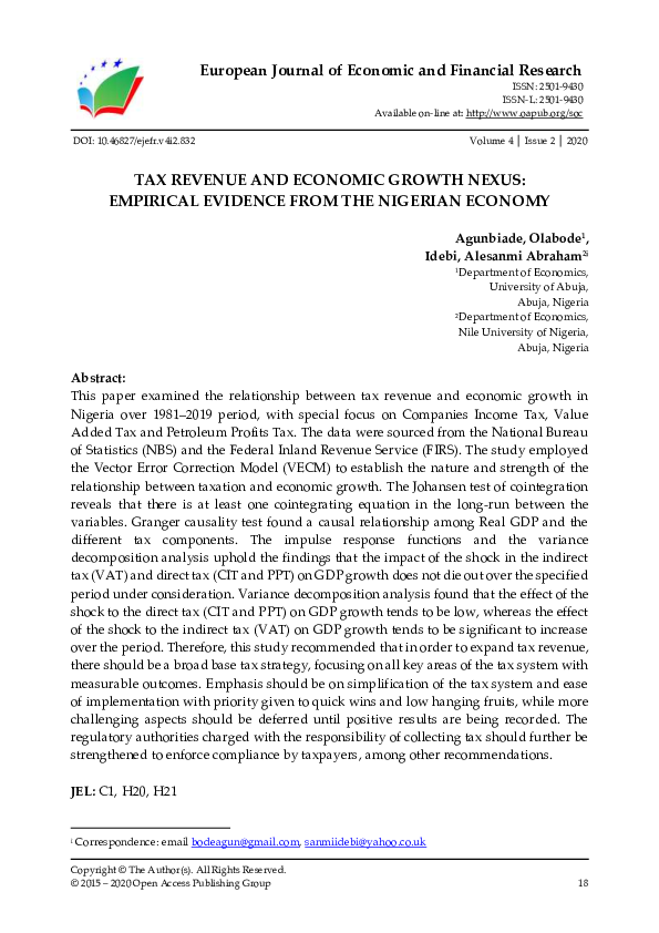 (PDF) Tax Revenue and Economic Growth Nexus: Empirical Evidence from the Nigerian Economy