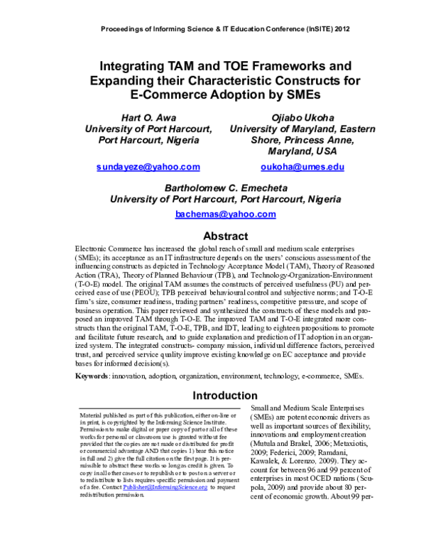 (PDF) Integrating TAM and TOE Frameworks and Expanding their ...