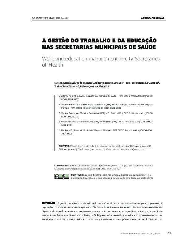 Pdf A Gestão Do Trabalho E Da Educação Nas Secretarias Municipais De