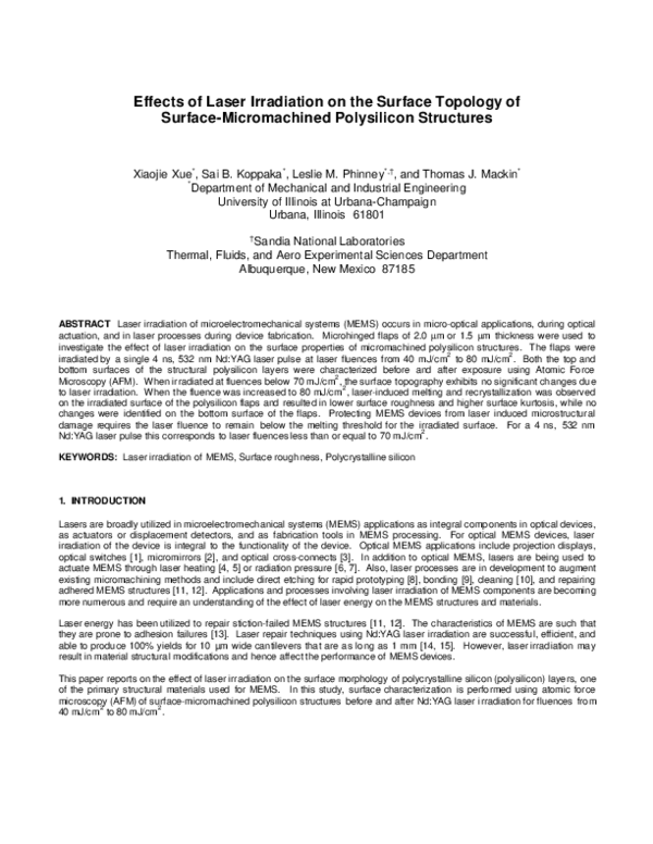 (PDF) Effects of Laser Irradiation on the Surface Topology of Surface-Micromachined Polysilicon ...