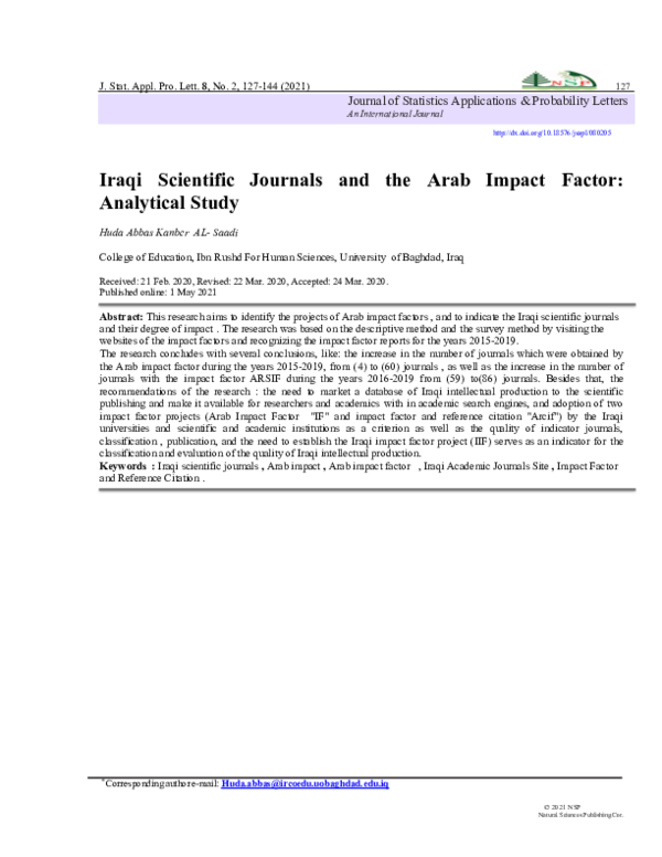 (PDF) Iraqi Scientific Journals and the Arab Impact Factor: Analytical ...