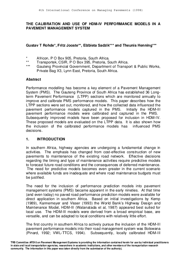 (PDF) The Calibration and Use of HDM-IV Performance Models in a ...
