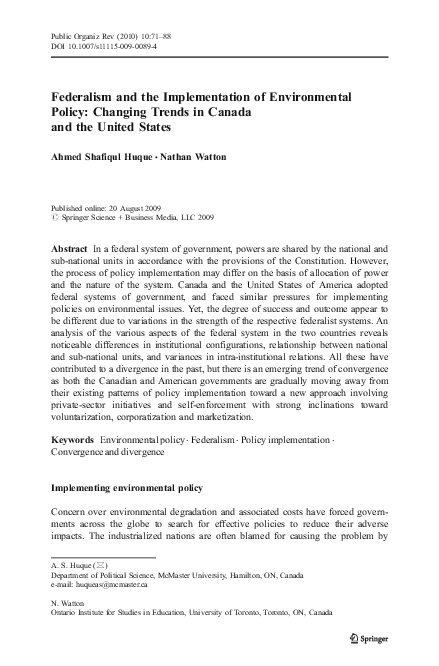 (PDF) Federalism and the Implementation of Environmental Policy ...