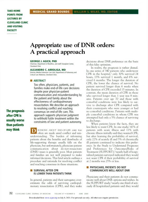 (PDF) Appropriate use of DNR orders: A practical approach