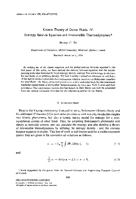 (PDF) Kinetic theory of dense fluids. IV. Entropy balance equation and ...