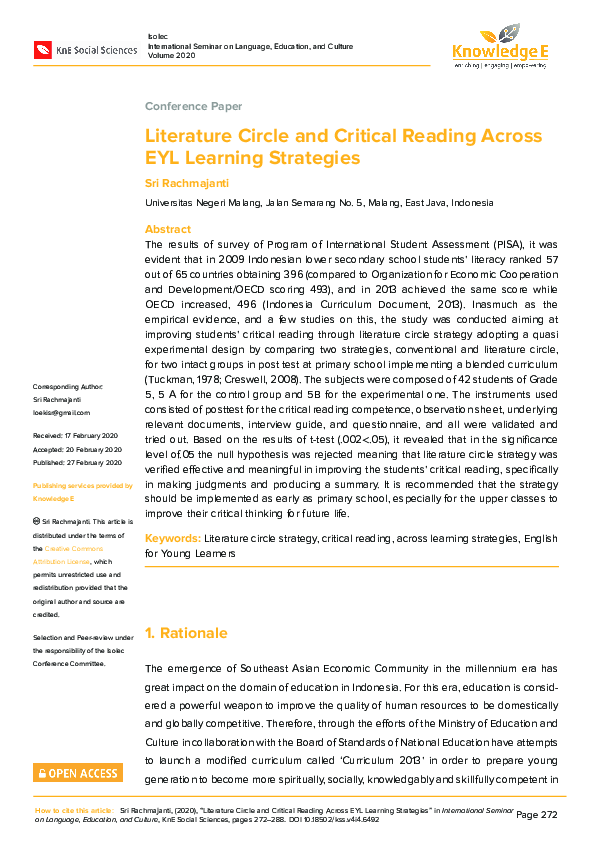 (PDF) Literature Circle and Critical Reading Across EYL Learning Strategies