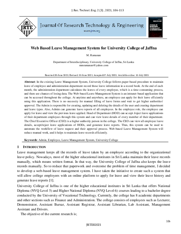 (PDF) Web Based Leave Management System for University College of Jaffna