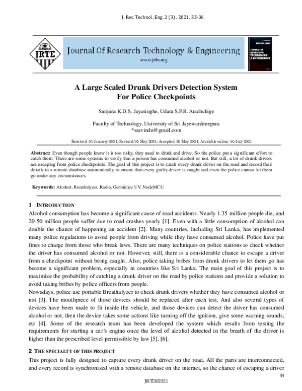 (PDF) A Large Scaled Drunk Drivers Detection System For Police Checkpoints