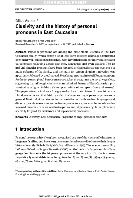 (PDF) Clusivity and the history of personal pronouns in East Caucasian