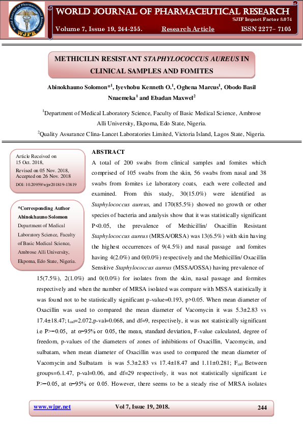 (PDF) METHICILIN RESISTANT STAPHYLOCOCCUS AUREUS IN CLINICAL SAMPLES ...