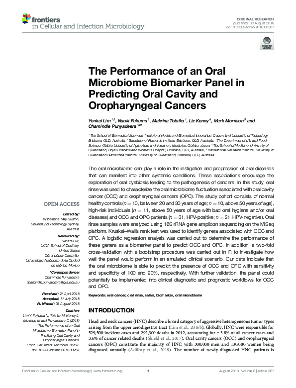 (PDF) The Performance of an Oral Microbiome Biomarker Panel in ...