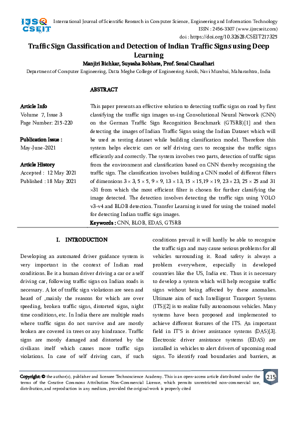Pdf Traffic Sign Classification And Detection Of Indian Traffic Signs Using Deep Learning