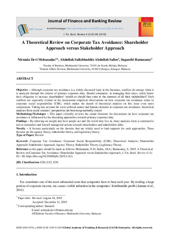 (PDF) A Theoretical Review on Corporate Tax Avoidance: Shareholder Approach versus Stakeholder ...