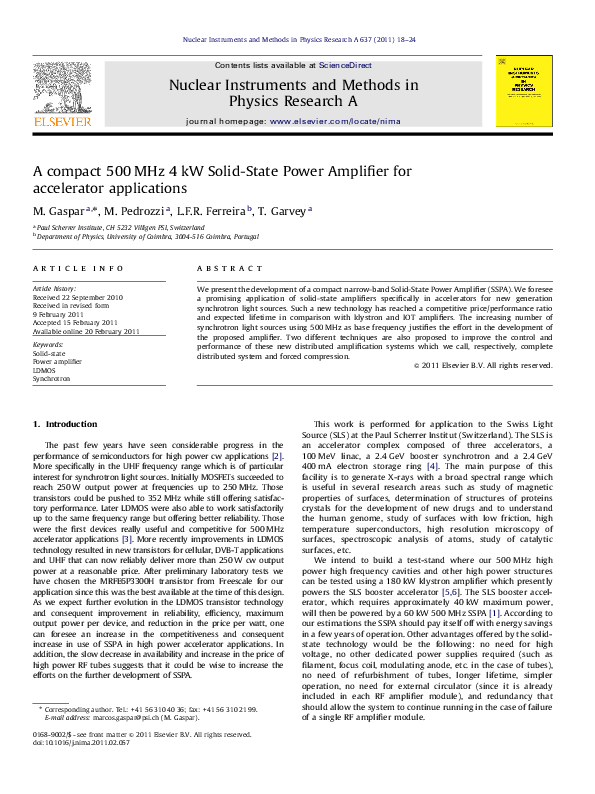 (PDF) A compact 500MHz 4kW Solid-State Power Amplifier for accelerator applications