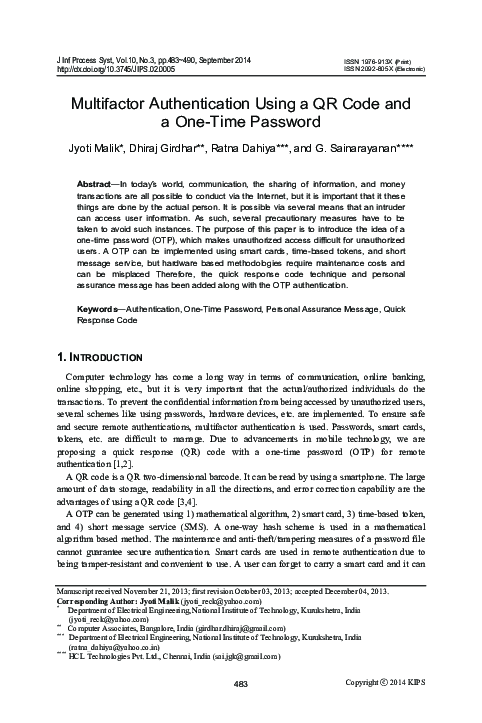 (PDF) Multifactor Authentication Using a QR Code and a One-Time Password