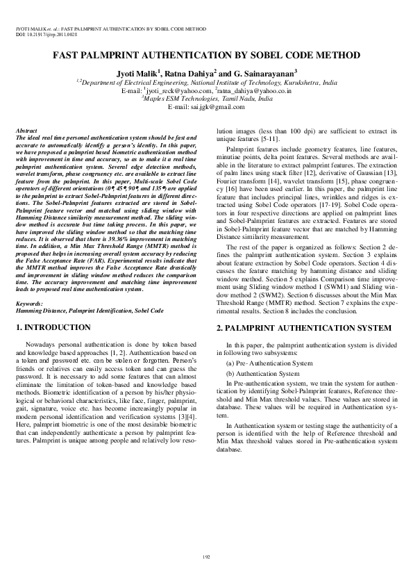 (PDF) Fast Palmprint Authentication by Sobel Code Method