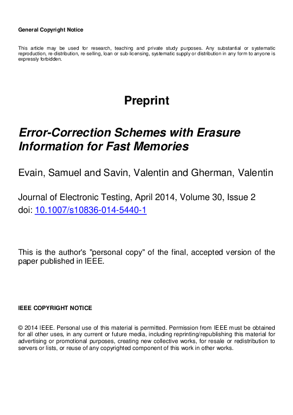 Pdf Error Correction Schemes With Erasure Information For Fast Memories