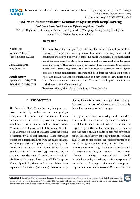 (PDF) Review on Automatic Music Generation System with Deep learning