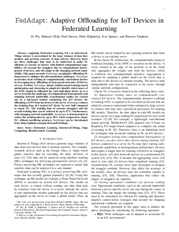 Pdf Fedadapt Adaptive Offloading For Iot Devices In Federated Learning