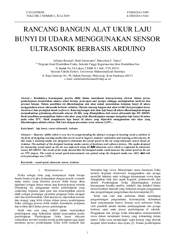 (PDF) Rancang Bangun Alat Ukur Laju Bunyi Di Udara Menggunakan Sensor Ultrasonik Berbasis Arduino