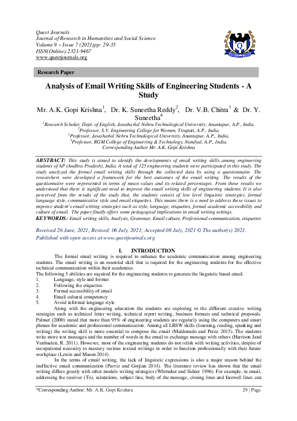 (PDF) Analysis of Email Writing Skills of Engineering Students -A Study
