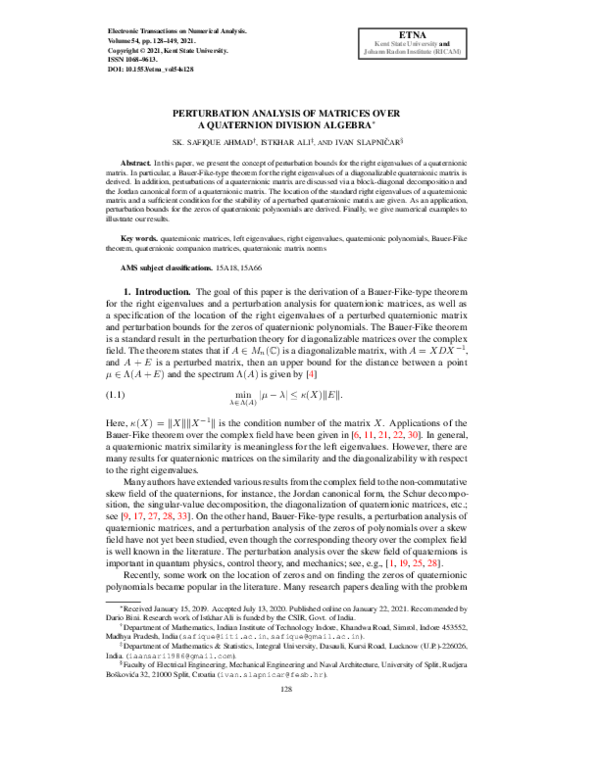 Pdf Perturbation Analysis Of Matrices Over A Quaternion Division Algebra